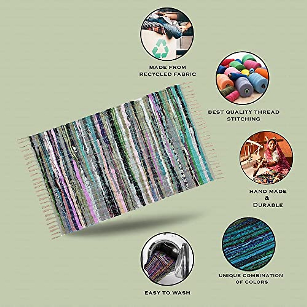 Cotton Rag Rug 24''x36''- 2x3'- Multicolor Chindi Rug - Hand Woven Washable & Reversible for Living Room Kitchen Entryway Bedroom Rug Rag with Tassel (Aqua)