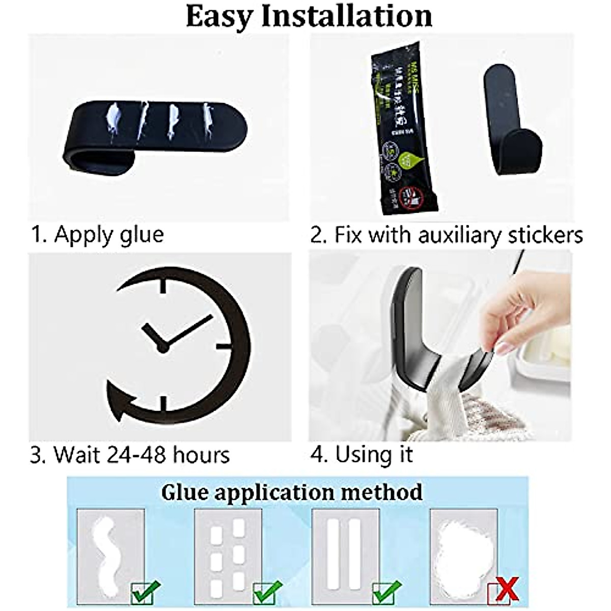 5 Pack Adhesive Hook Black Heavy Duty Towel Hooks Stick on Wall Door Hanging Without Nails Towels Coat Clothes Self Adhesive Sticky Hooks for Bathrooms Kitchen Home