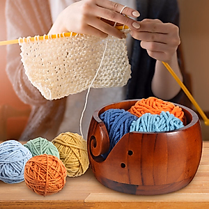 Wooden Yarn Bowl,Crochet Bowl with Lid,Knitting Yarn Bowls with Holes, Yarn Storage Bowl Handmade Craft with Storagebag for DIY Knitting Crocheting