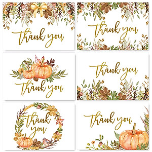 AnyDesign 30 Pack Fall Gold Foil Thank You Cards Bulk Watercolor Maple Leaves Pumpkin Greeting Cards with Envelopes Stickers Blank Note Cards for Autumn Thanksgiving Baby Shower