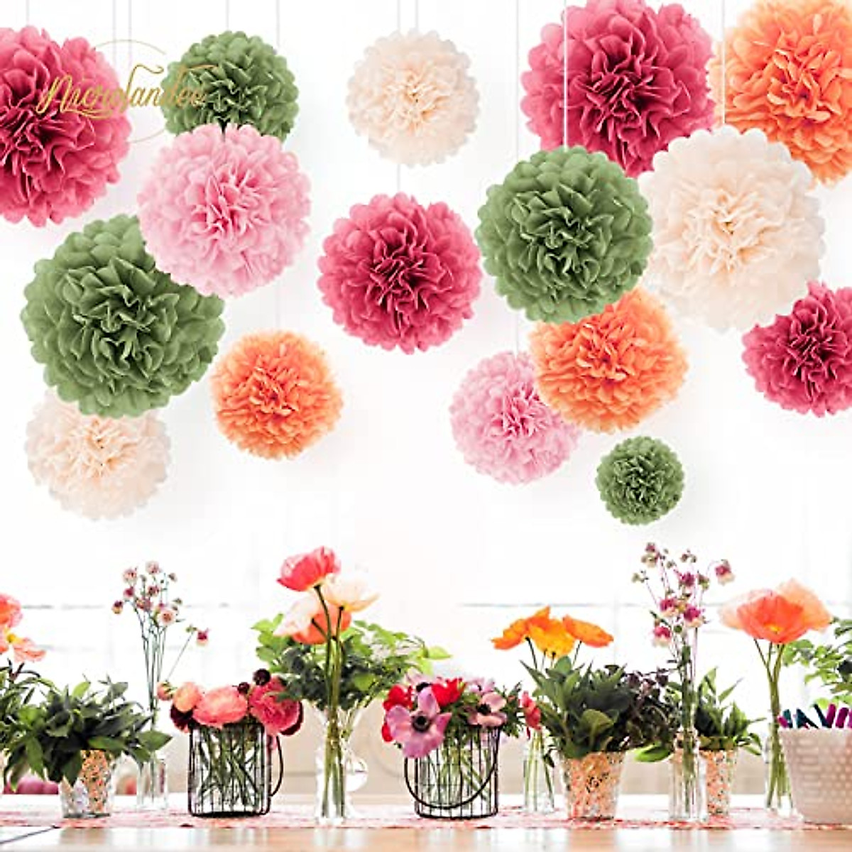 NICROLANDEE Wedding Party Decorations - 16Pcs Pink, Sage Green, Ivory Tissue Paper Pom Poms for Birthday, Engagement, Baby/Bridal Shower, Anniversary, Pastel Party, Festival Decorations