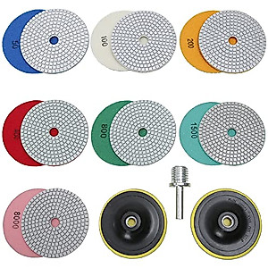 McopKrmo 5 Inch Diamond Grinding Pads for Tile, 10pcs Wet/Dry Diamond Sanding Polishing Sheet Granite Stone Polish Kit for Concrete Marble Countertop Quartz 50#~8000# with Backer Pads Thread 5/8"
