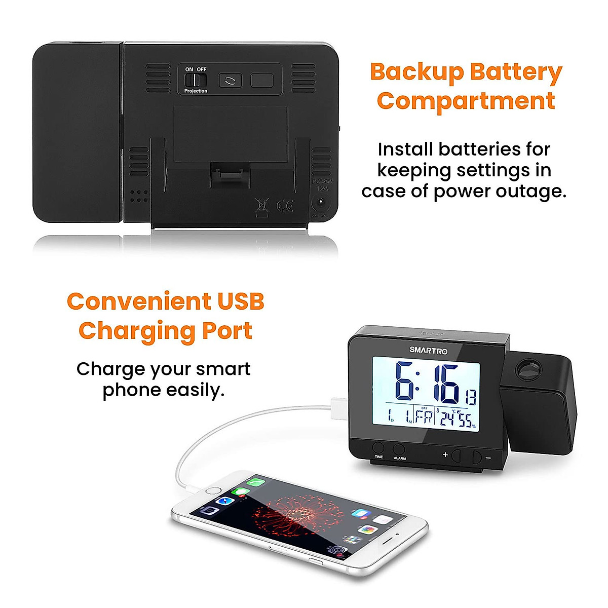 SMARTRO Digital Projection Alarm Clock for Bedrooms with Indoor Thermometer Hygrometer, USB Charger, Bedside Projector, Travel, AC and Battery Operated