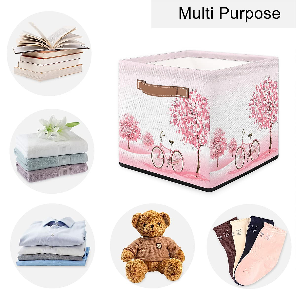13x13x13 Storage Cube Bins Pink Bike Hearts Tree Fabric Storage Cubes 13 inch Collapsible Storage Bins Valentine's day Cubby Storage Baskets for Organizing Shelf Cabinet Bookcase Boxes