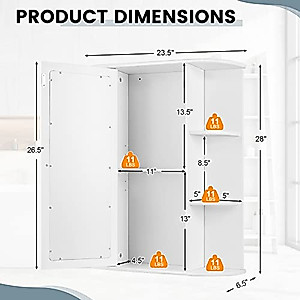 COSTWAY Wall Mounted Bathroom Cabinet - Storage Organizer with Mirror Door, Adjustable Shelves & 6 Open Racks, Space-Saving Hanging Medicine Cabinet for Living Room Kitchen Entryway (White)