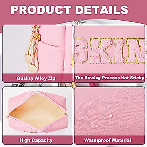 Burskit Preppy Patch Skincare Bag Travel Makeup Bag Varsity Letter Cosmetic Toiletry Cute Bag for Teen Girls PU Leather Portable Zipper Pouch Storage Purse Waterproof Organizer (Pink)