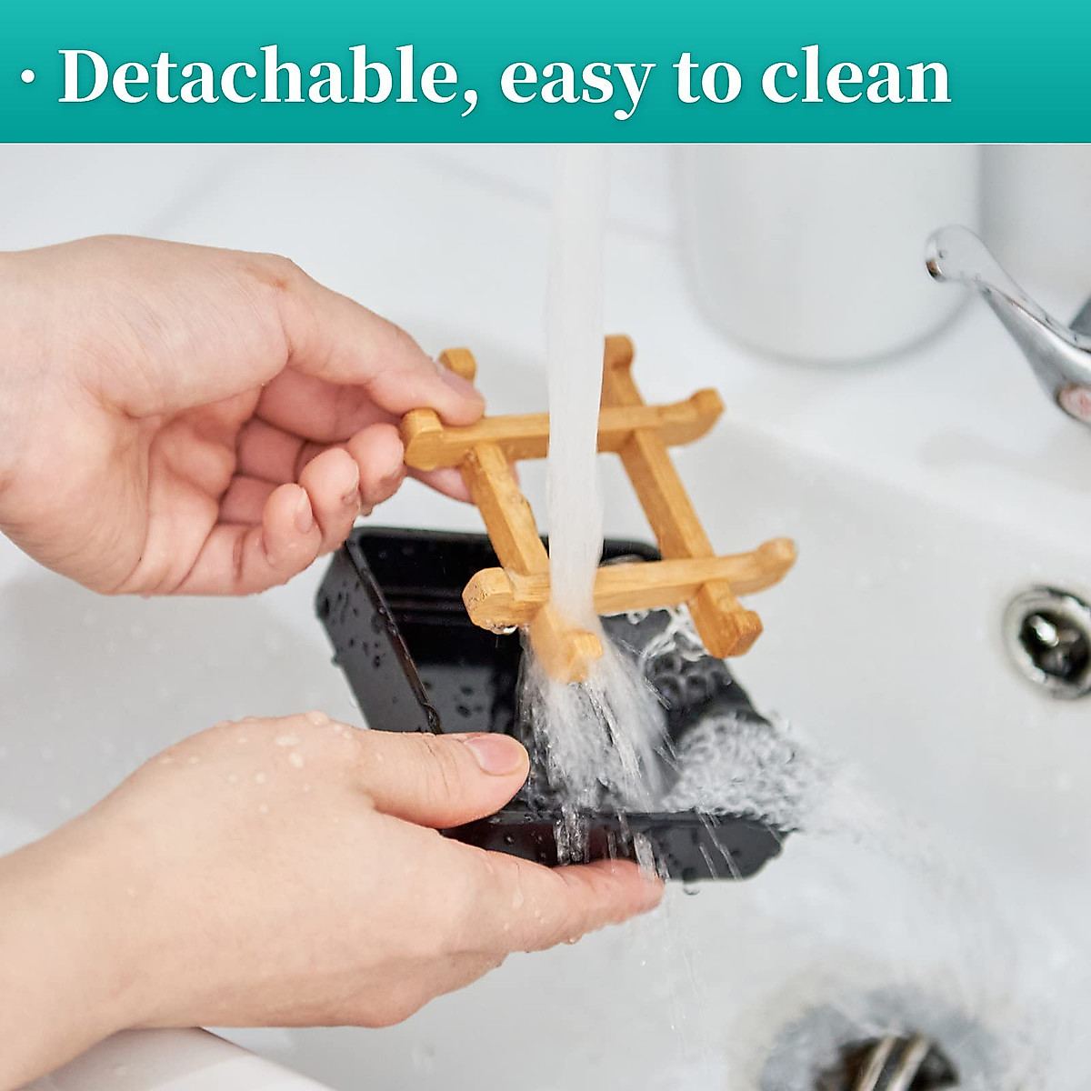 Wooden Bamboo Square Soap Dishes for Bar Soap Holder for Shower with Drain for Bathroom Small Soap Dish Detachable（Double Pack Right Angle Black）