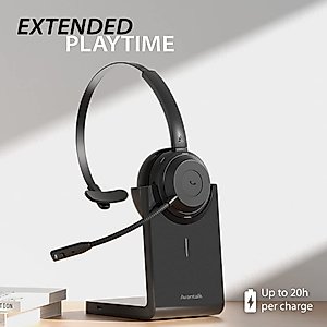 Avantalk Alto Solo - Wireless Headset with Mic for Work with Qualcomm Bluetooth Solution, CVC Noise-Canceling for PC, Computer & Laptop, Charging Stand, Mute Button, Wired Headphones Option