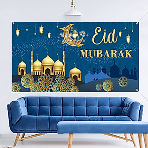 Eid Mubarak Decorations, Large Fabric Muslim Ramadan Kareem Backdrop Banner Ramadan Mubarak Sign Photo Booth Backdrop Background for Muslim Ramadan Party Supplies, 78 x 43INCH