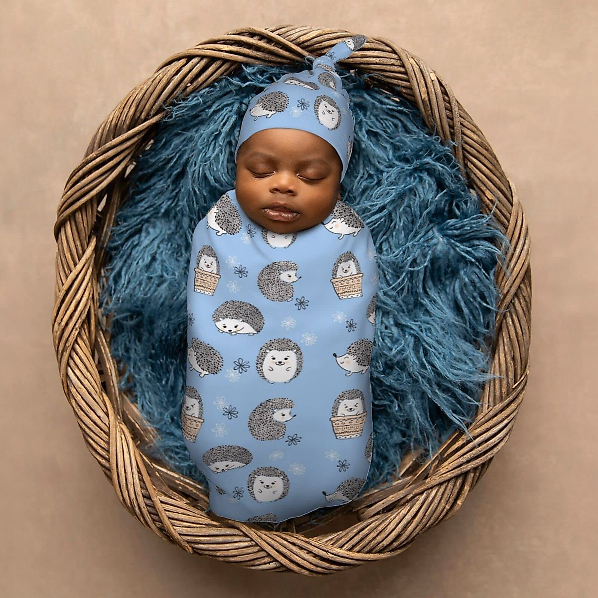 Muishi Cute Hedgehogs Blue Newborn Swaddle Blankets Hat Sets Soft Baby Receiving Blanket Swaddle Sack for Baby Shower Infant Boy Girl Gift