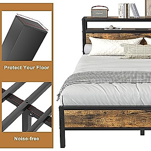 Pliwier Full Bed Frame with Charging Station Headboard, Platform Bed with 2-Tier Storage Shelf, Strong Support Legs, Noise-Free, No Box Spring Needed, Easy Assembly