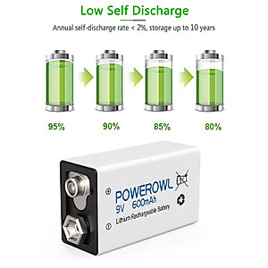 POWEROWL 9V Rechargeable Batteries 600mAh Lithium-ion Low Self Discharge Battery for Smoke Dectector and More 4 Pack