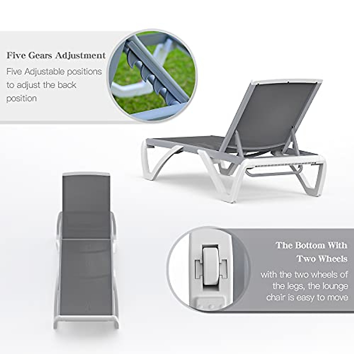 Domi Patio Chaise Lounge Chair Set of 3,Outdoor Aluminum Polypropylene Sunbathing Chair with Adjustable Backrest,Side Table,for Beach,Yard,Balcony,Poolside(2 Grey Chairs W/Table)