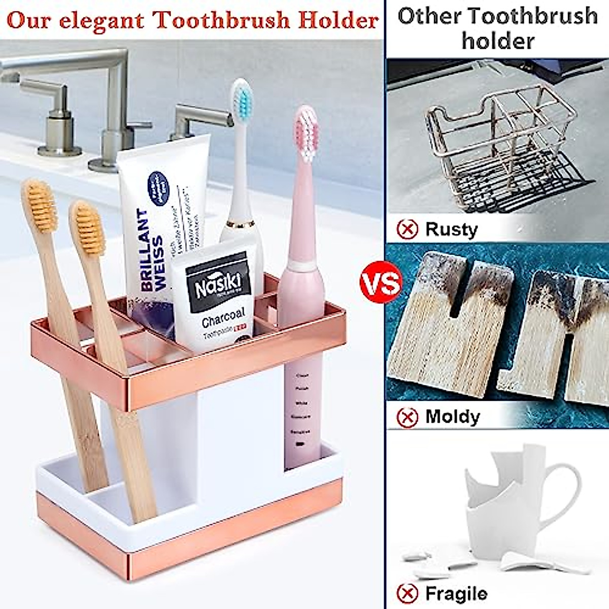 Chintu Kids Toothbrush Holder Set Rust Free Family Toothpaste Holder for Bathroom Countertop, Plastic Toothbrush Organizer Stand, Electric Toothbrush Holder Bathroom Shower Accessories Withe/Rose Gold