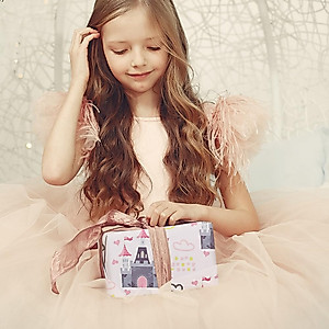 Pink Gift Wrapping Paper, 4 Folded Sheets Kraft Birthday Wrapping Paper Castle Carriage Fairy Tales Princess Magical Gift Wrap Paper 20x28 inch for Girl Women Birthday Party Baby Shower Christmas