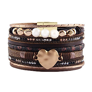 AZORA Leather Cuff Bracelet Multi Strands Brown Wrap Bangle with Pearl Boho Jewelry for Women Gift