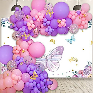 Pastel Pink Purple Balloon Garland Arch Kit 129 Piece Butterfly Theme Balloon Arch with Confetti Latex Balloons for Girls Women Birthday Baby Bridal Shower Wedding Party Decoration