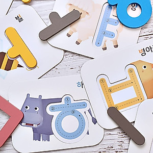 SSol & Sam Korean Alphabet Learning Toys – Hangul – Learn Korean for Kids, Toddlers and Beginners, Animal Pattern Board Matching Puzzle with Wooden Letters and Flash Cards