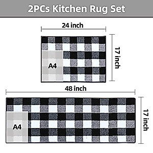 Carvapet 2 Pieces Buffalo Plaid Check Rug Set Water Absorb Microfiber Non-Slip Kitchen Rug Bathroom Mat Checkered Doormat Carpet for Laundry 17"x48"+17"x24", Black and White