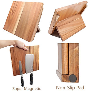 Kitory Foldable Knife Stand Magnetic Knife Block Acacia Wood Knife Storage Board Kitchen Knives Holder Wooden Cutlery Display Stand Storage Rack, 2024 Gifts For Women and Men