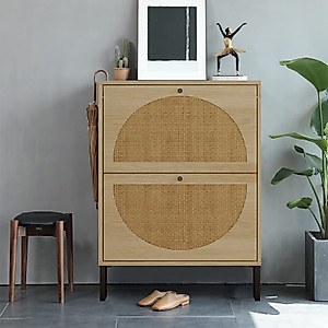 Yoluckea Rattan Shoe Storage Cabinet/Rack with 2 Flip Drawers for Entryway Modern Wooden Free Standing for Heels Slippers Hallway Bedroom Small Space(Natural)