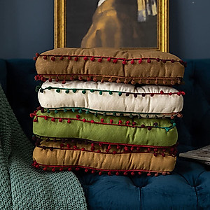 vctops Colorful Pompoms Cotton Linen Chair Pad Super Soft Comfy Chair Seat Cushion for Dining Chairs, Office Chairs, Hardwood Floors (White, 16"x16")