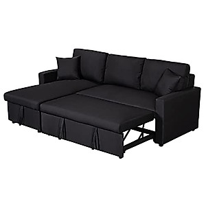 Lovtimber Sectional Sofa with Storage Chaise, L-Shape Linen Reversible Sleeper Corner Couch with 2 Pillows, Pull-Out SofaBed for Home Furniture, Living Room, Apartment, Dorm, Black, 57 Inch