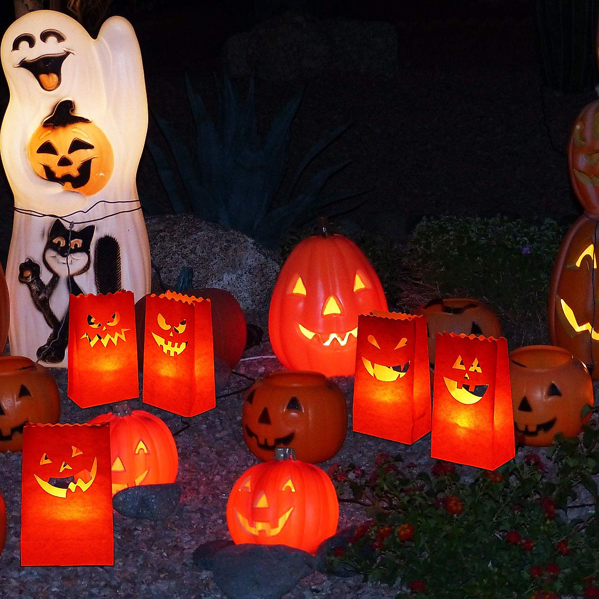 20 Pieces Halloween Luminary Candle Bags Flame Resistant Candle Bags in 5 Kinds of Pumpkin Grimace Patterns for Halloween Party Supplies