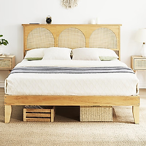 GAOMON Queen Bed Frame with Natural Rattan Headboard, Queen Size Platform Bed Frame with LED Lights and Rattan Headboard, Wooden Support Legs, No Box Spring Needed, Easy Assembly