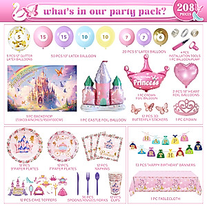 Party Spot! 208 PCS Princess Birthday Party Decorations For Girl, 12 Tableware Sets, Castle Balloons, Balloon Arch, Disposable Paper Plates, Backdrop, Balloon Pump, Princess Party Decorations