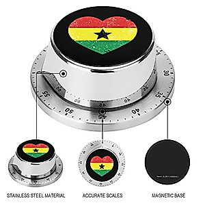 Ghana Retro Heart Flag 60 Minute Timer Stainless Steel Wind Up Timer Magnetic Timer Time Management for Cooking Kitchen