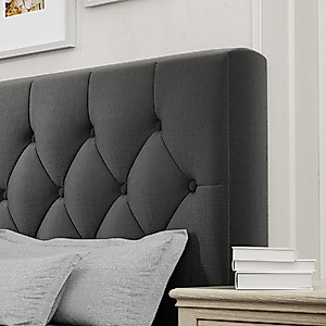 Full Size Platform Bed Frame with Upholstered Headboard, Button Tufted Design, No Box Spring Needed, Dark Grey