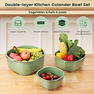 8.2 Quart Large Strainers and Colanders,3 Sets Plastic 2 in 1 Double Layered Strainers for Kitchen,BPA Free Fruits and Vegetable Washing Basket,for Pasta Salad Berry Cleaning Mixing (Green)