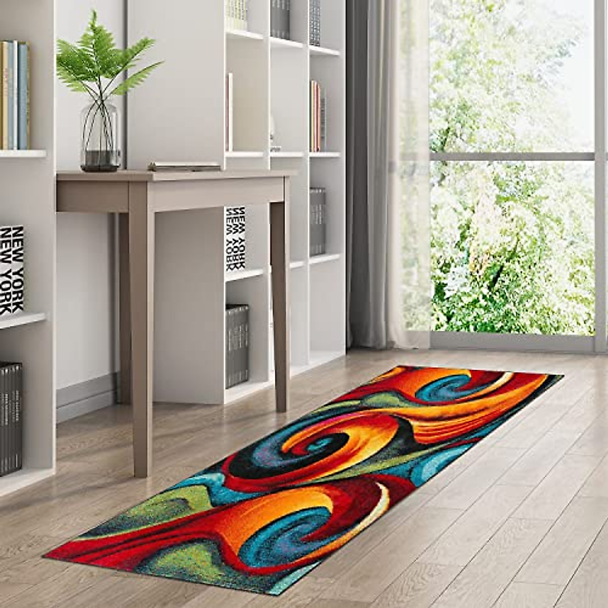 GUBIYU Abstract Rugs Modern Geometric Area Rug Bedroom Living Room Floor Carpet with Swirls in Red Turquoise Orange Contemporary Dining Accent Rugs Sevilla Collection for Hallway 23.6x59 in Runner