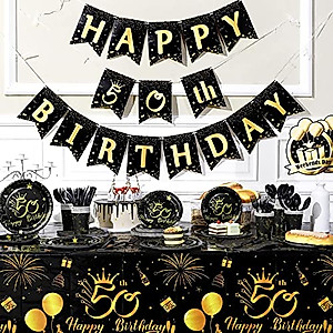 Remagr 3 Pack 50th Happy Birthday Tablecloth Disposable Plastic Table Cover Rectangular Black and Gold Cloths for Parties Decoration Supply Men Women Birthday, 54 x 108 Inch(50th), 54'' 108''