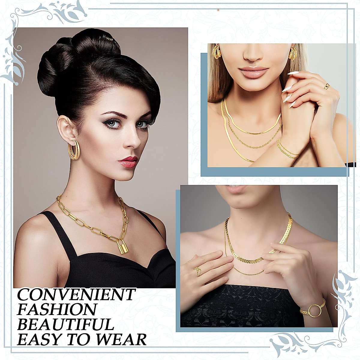 Henoyso 16 Pcs Gold Jewelry Set for Women Necklaces, Bracelets, Earrings, Knuckle Rings for Valentine's Birthday Wedding Parties Gifts(Stylish Style)