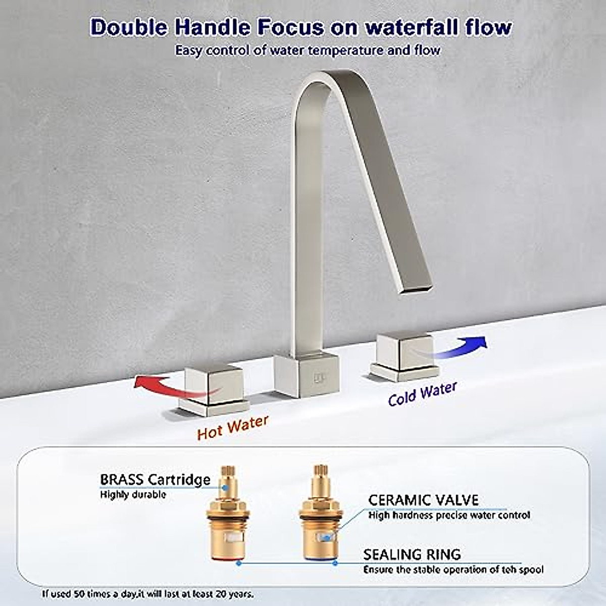 POP SANITARYWARE Roman Tub Faucet Brushed Nickel 2 Handle Deck Mounted Bathtub Faucet with Waterfall Spout for High Flow Rate, Include Valve and Trim Kit