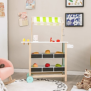 INFANS Wooden Grocery Store Marketplace Toy, Supermarket Pretend Play, Extra Storage 6 Ice Creams Scales Bells Chalkboards, Fun Indoor Farmer's Market Stand Set Gift for Ages 3+