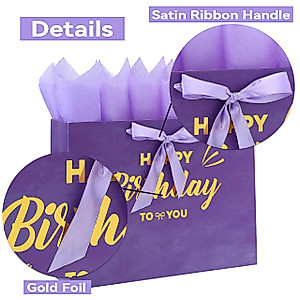 16.5" Extra Large Purple Painting Gift Bag Set with Greeting Card and Lavender Tissue Papers (Gold Foil Happy Birthday) for Women's Birthday Party, Girls' Birthday Parties, Baby Shower, Baby Girl - 16.5”x5.5”x12.6”, 1 Pcs.