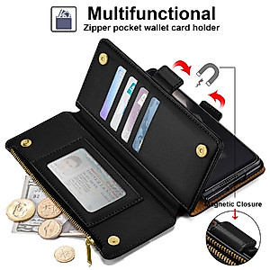 Antsturdy Compatible with Samsung Galaxy Z Fold 3 5G Case Wallet Women with【S Pen Holder】 Phone Case with Card Holder Strap PU Leather RFID Blocking Flip Folio Cover Credit Slots Men,Black