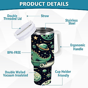 Jihqo Space Dinosaurs Green 40 oz Stainless Steel Vacuum Insulated Tumbler with Handle and Straw Lid, Leakproof Water Bottle Double Wall Travel Mug Coffee Cup, Cupholder Friendly