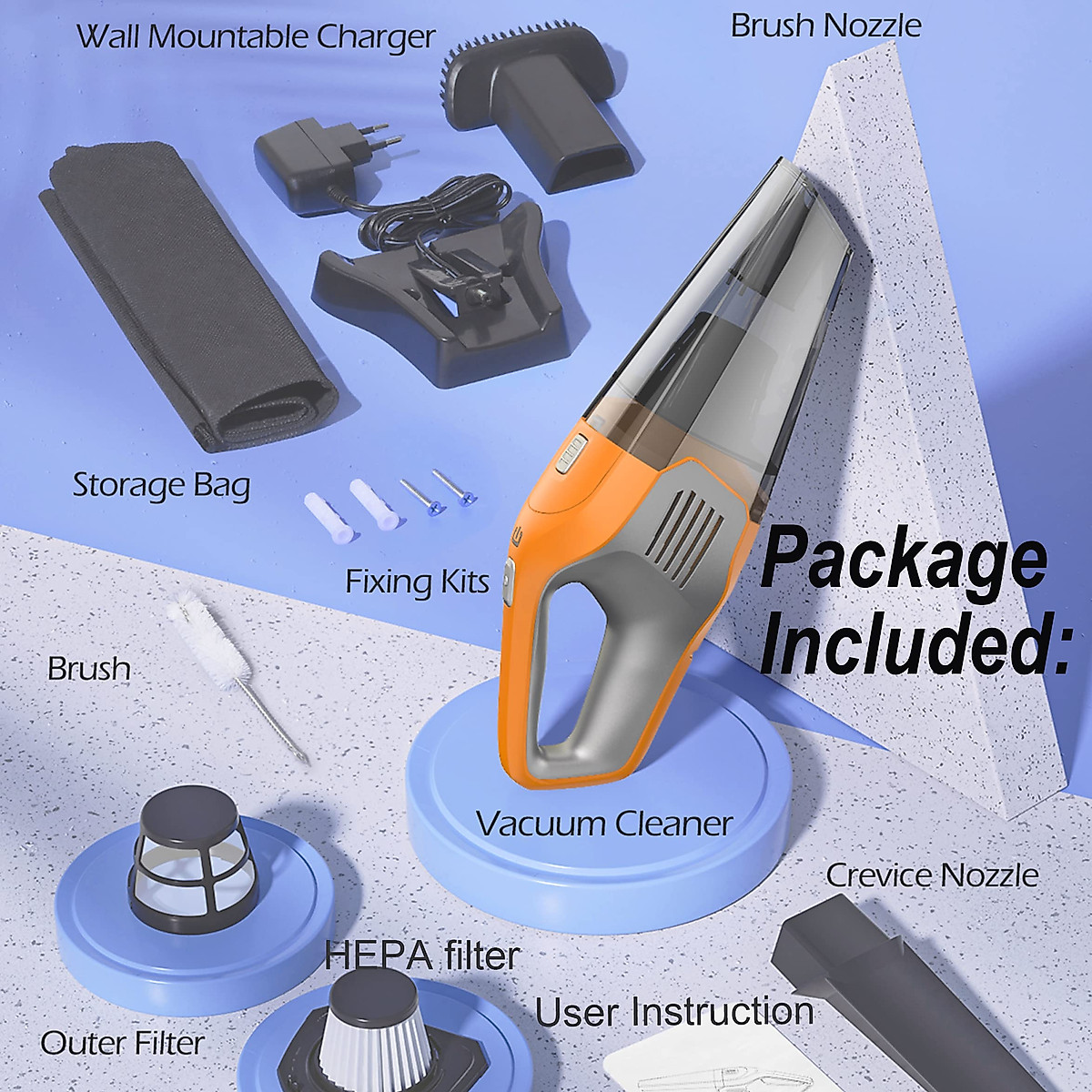 Vestynska Handheld Vacuum Cordless, 8Kpa Super Cyclonic Suction Car Vacuum, Small Cordless Rechargeable High Power, Run Up to 30mins, Fast Charge, 70W, for Home Sofa Pet Hair Car(Brown)