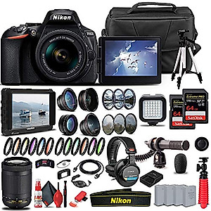 Nikon D5600 DSLR Camera with 18-55mm Lens (1576) + Nikon 70-300mm Lens + 4K Monitor + Pro Headphones + Pro Mic + 2 x 64GB Card + Case + Corel Software + Tripod + More (International Model) (Renewed)