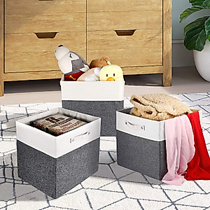Vextronic Collapsible Cube Storage Bins, 13x13x13 Inch Fabric Large Storage Baskets with Handles, Foldable Storage Box for Closet Shelves, Toy Organizer and Clothes Storage (3 Pack, Grey & White)