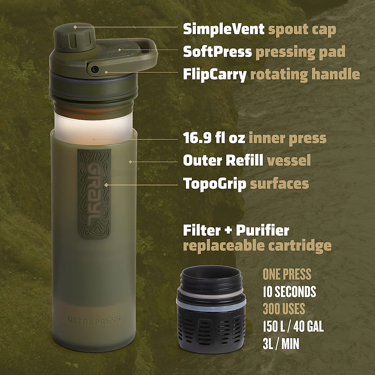 GRAYL UltraPress 16.9 oz Water Purifier & Filter Bottle for Hiking, Backpacking, Survival, Travel (Olive Drab)