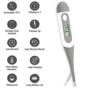 Easy@Home Digital Oral Thermometer for Kid, Baby, and Adult, Rectal and Underarm Body Temperature Measurement for Fever with Alarm EMT-021-Gray