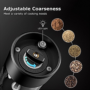 Bonsenkitchen Electric Salt and Pepper Grinder Set, Battery Operated(Not Included),2 Pack Automatic Salt & Pepper Mill Shakers with LED Light, Adjustable Coarseness, Storage Base, 95ml Large Capacity