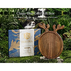 Dofira Acacia Wood Serving Platter, Decorative Deer Antler Design, 8" Round Wooden Food Dish Display Plate, Charcuterie Board Tray for Cheese Fruit, Kitchen Gift for Housewarming Wedding (Gift Box)