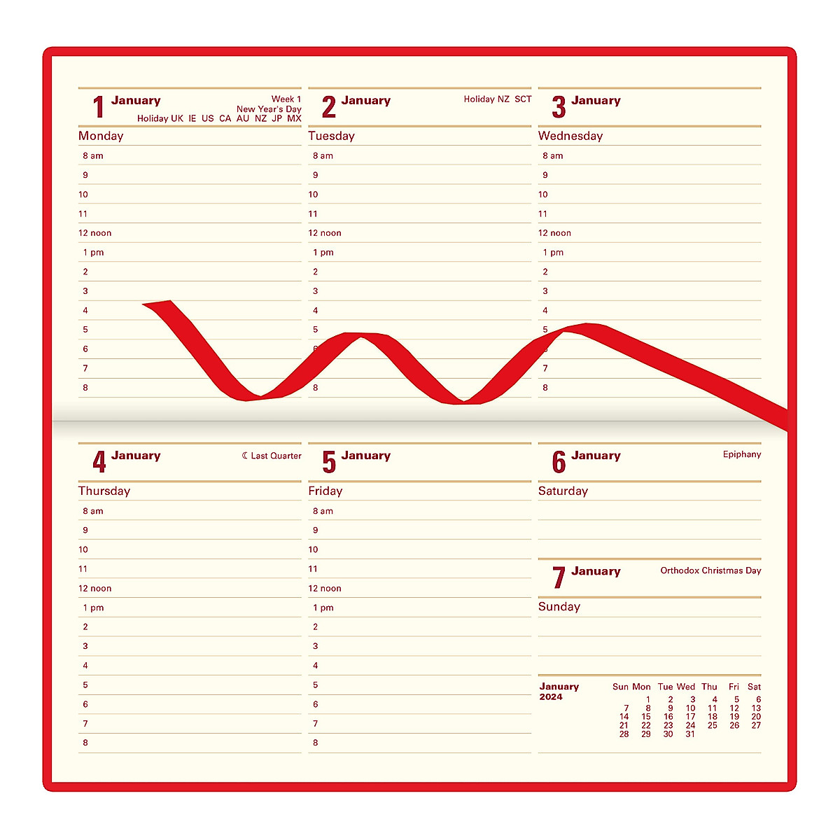 Letts of London Belgravia Weekly/Monthly Planner, 12 Months, January to December, 2024, Appointments, Horizontal, Slim Size, 6.625" x 3.25", Red (C33SRD-24)