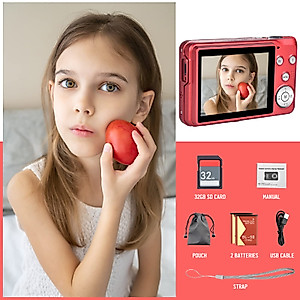 JHAMAL Digital Camera, Kids Camera for Teens Boys and Girls, 48MP 2.7K Digital Camera with 16X Digital Zoom, 32 GB SD Card and 2 Batteries Included (Red)